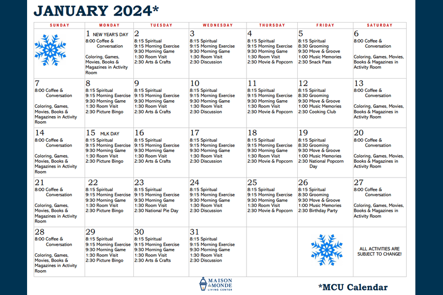 Maison du Monde Living Center - January MCU Activity Calendar
